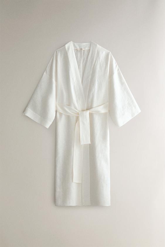 LINEN DRESSING GOWN WITH BELT - Oyster-white | ZARA United Kingdom