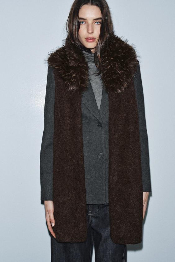 フェイクファーニットコンビスカーフ - ブラウン | ZARA Japan / 日本