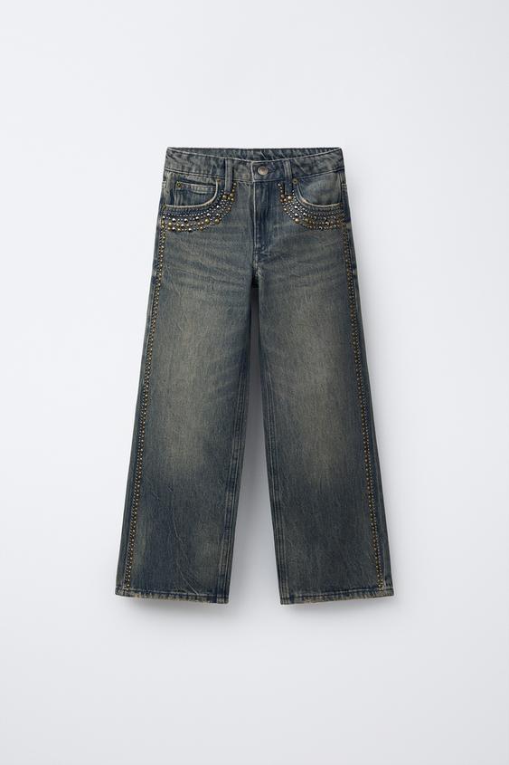 WIDE-LEG JEANS WITH STUDS - Ecru / Blue | ZARA Turkey