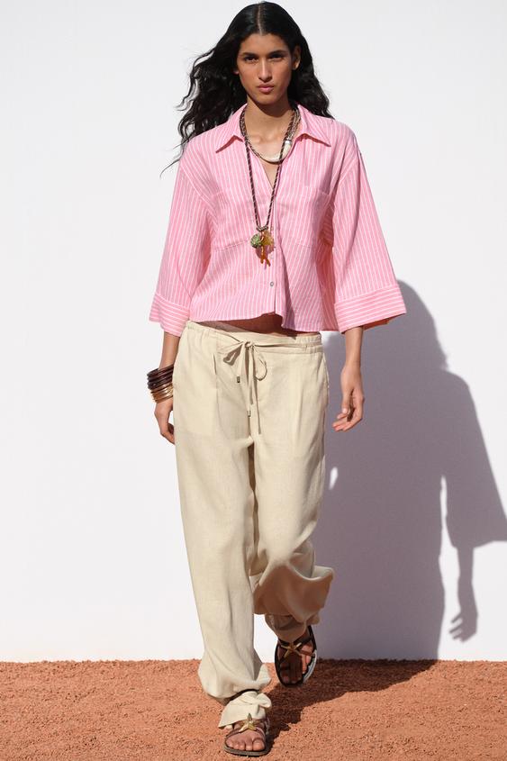 CAMICIA CORTA A RIGHE IN LINO - Rosa / Bianco | ZARA Italia / Italy