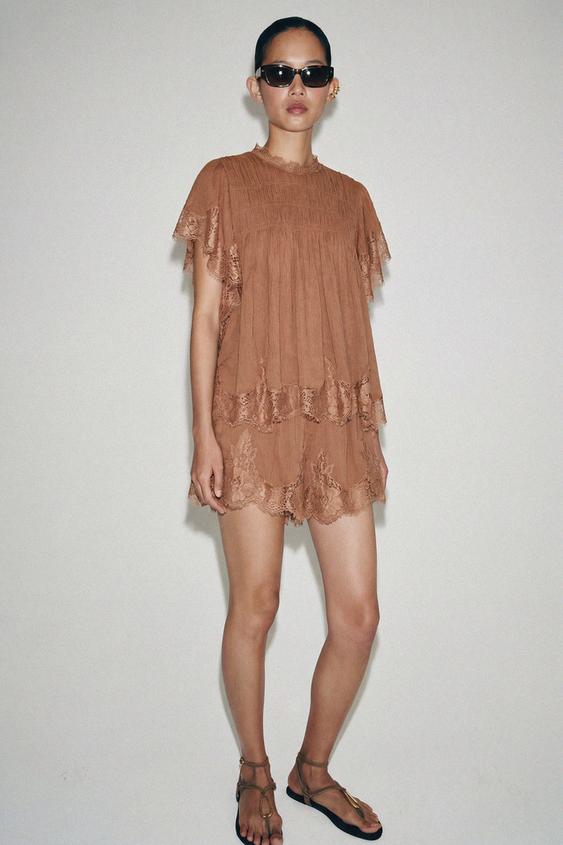 ZW COLLECTION LACE RUFFLE TOP - Brick | ZARA Iraq