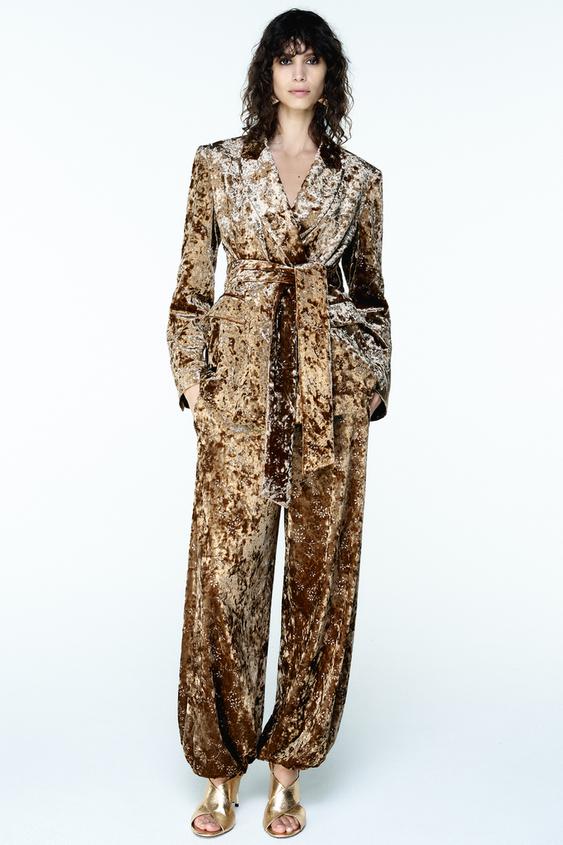 METALLIC THREAD VELVET BLAZER WITH BELT - Golden | ZARA Canada