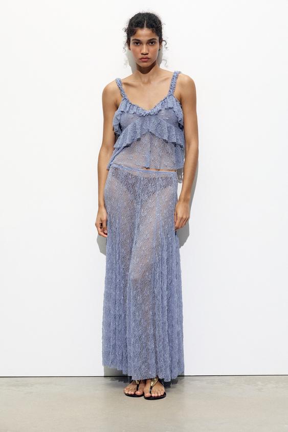 TOP COM BABADOS E RENDA - Azul-médio | ZARA Brasil