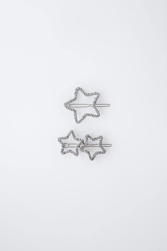 PACK OF THREE SPARKLY STAR HAIR CLIPS - Silver | ZARA United States