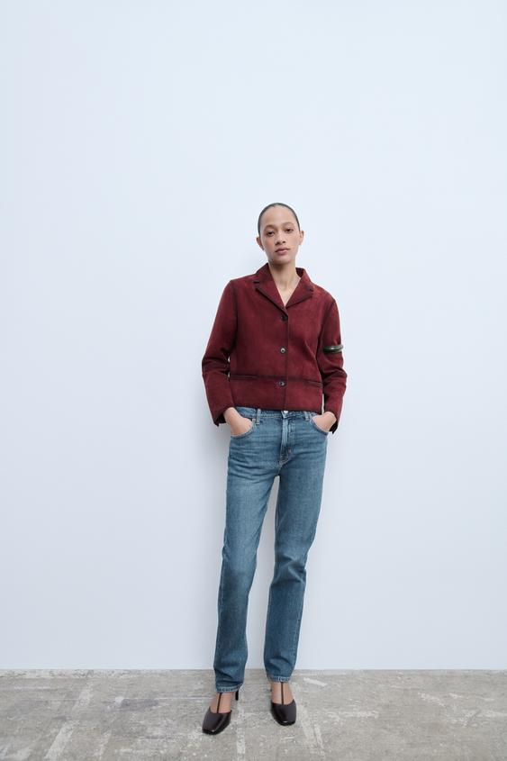 100 Suede Leather Blazer Zw Collection Limited Edition Wine Zara