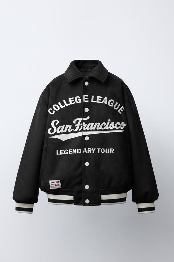 FAUX SUEDE EMBROIDERED TEXT BOMBER JACKET - Black | ZARA UAE - Dubai ...