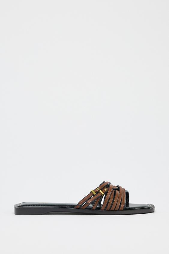LEATHER STRAPPY SLIDE SANDALS - Brown | ZARA Canada