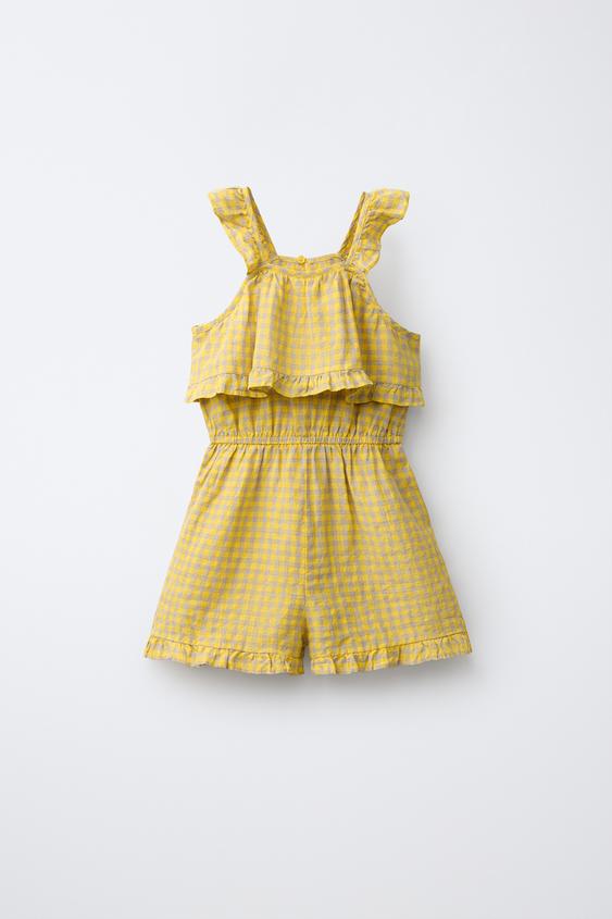 GINGHAM CHECK JUMPSUIT WITH RUFFLE 100% LINEN - Yellow | ZARA Singapore