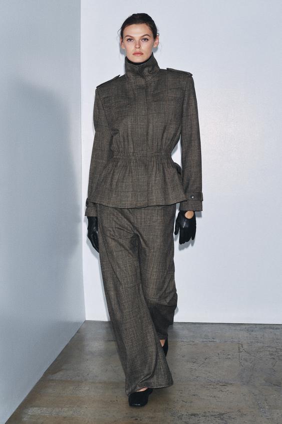 ZW COLLECTION CHECK PEPLUM WOOL BLEND JACKET - Brown marl | ZARA Singapore