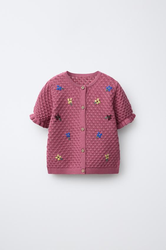 JACHETĂ DIN TRICOT CU FLORI BRODATE - Zmeură | ZARA România