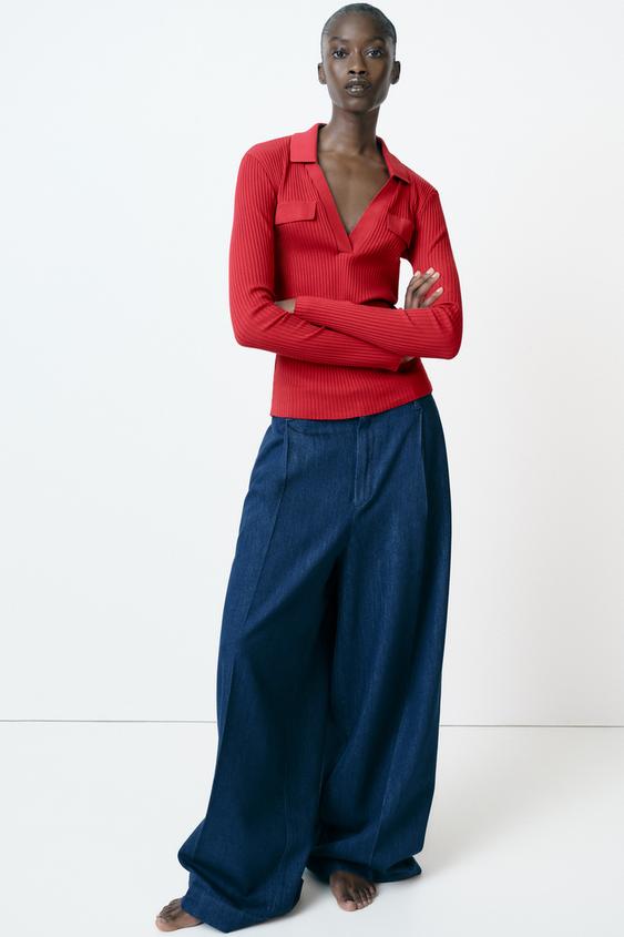 RIBBED POLO NECK T-SHIRT - Intense red | ZARA Georgia