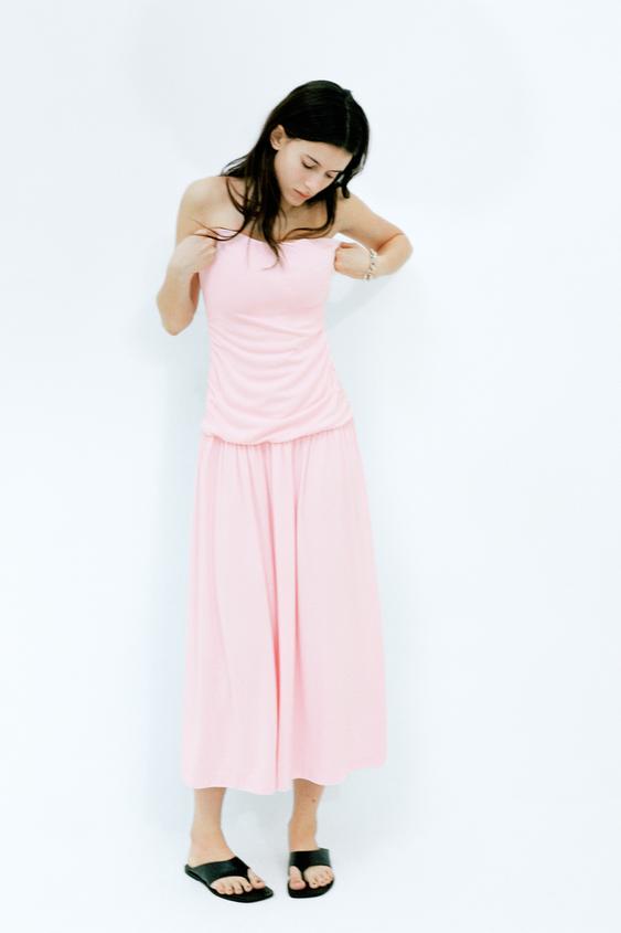 STRAPLESS GATHERED DRESS - Pastel pink | ZARA Saudi Arabia