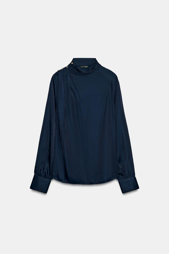 BLUSA ACETINADA GOLA DRAPEADA - Azul-marinho | ZARA Brasil
