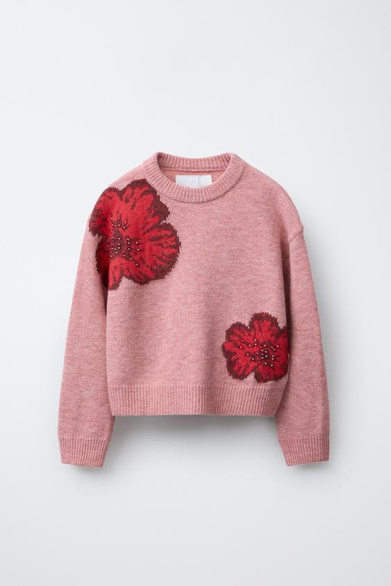 SUÉTER DE PUNTO FLORES ABALORIOS - Rosa | ZARA Mexico