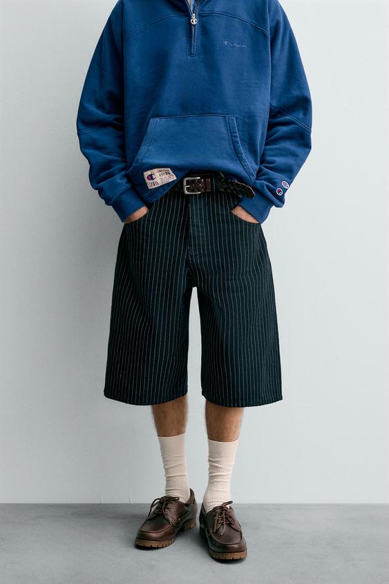 CHAMPION® X ZARA STRIPED BAGGY FIT SHORTS - Blue | ZARA United States