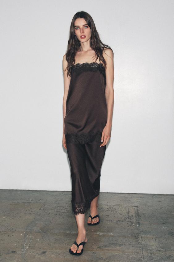 TOP DE CETIM COM RENDA ZW COLLECTION - Marrom-escuro | ZARA Brasil