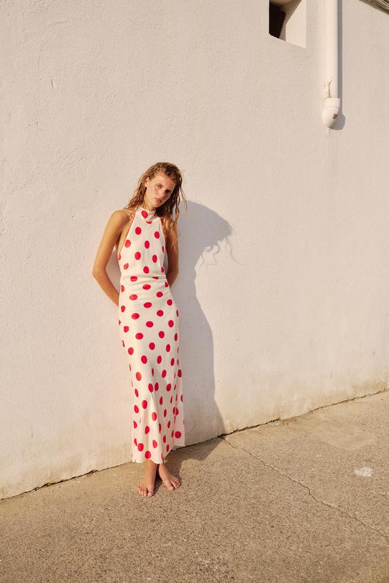 ROBE MI-LONGUE HALTER À POIS - Blanc / Rouge | ZARA France