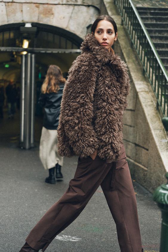 ZW COLLECTION FAUX FUR SHORT COAT - Chocolate | ZARA Cambodia