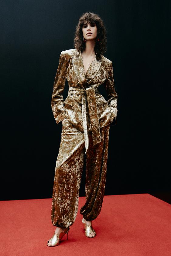 METALLIC THREAD VELVET BLAZER, BELT, AND BALLOON PANTS SUIT | ZARA Mexico