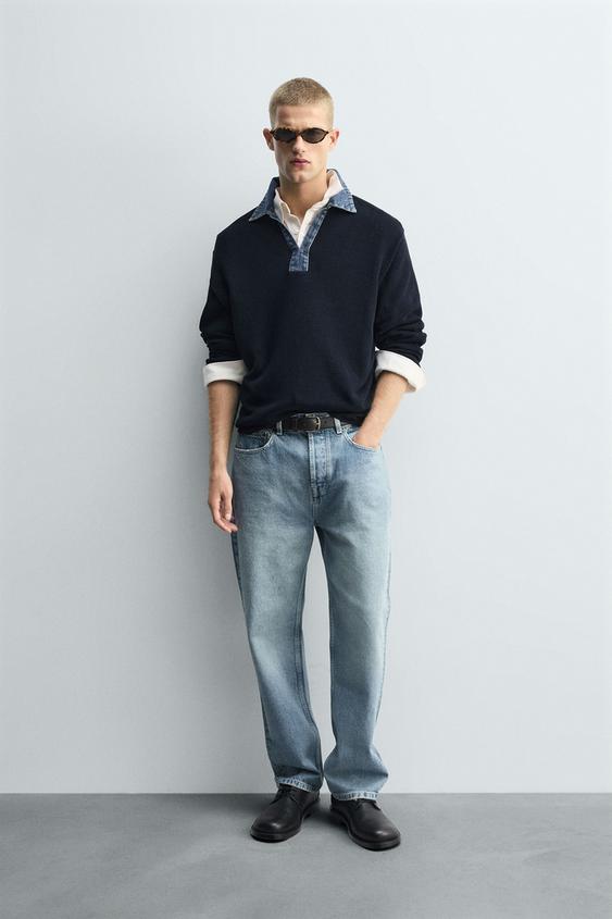 DENIM COLLAR COMBINATION KNIT POLO SHIRT - Navy blue | ZARA Ireland
