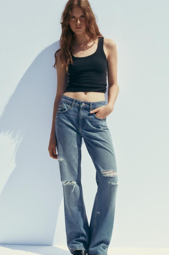 TRF RIPPED WIDE-LEG MID-WAIST JEANS - Indigo | ZARA India