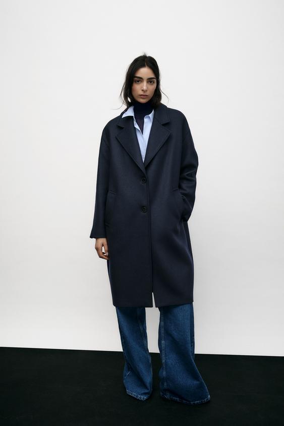 Wool Blend Oversized Coat Navy Blue Zara United States