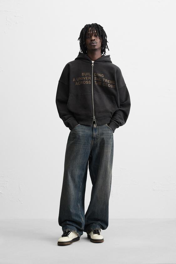 Washed Zip Up Text Hoodie Black Zara United States