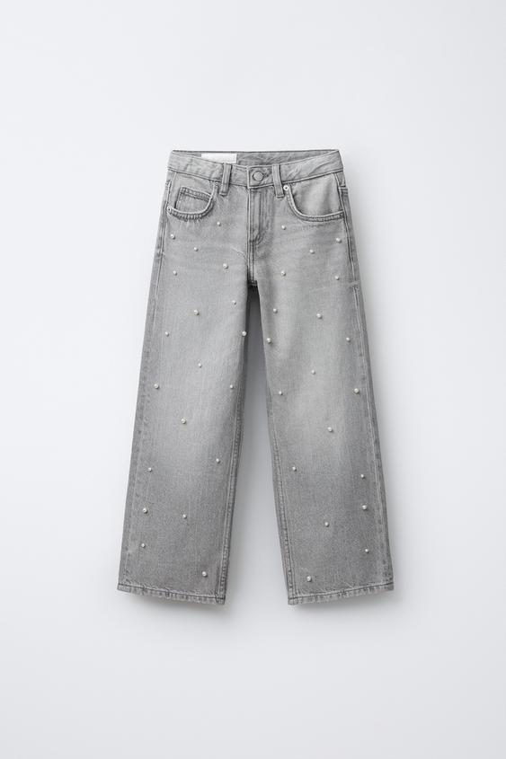 WIDE-LEG FAUX PEARL JEANS - Grey | ZARA South Africa