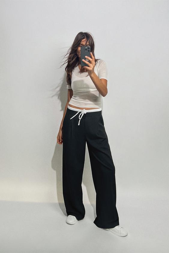 Wide Leg Trousers With Double Waistband Black Zara United Kingdom