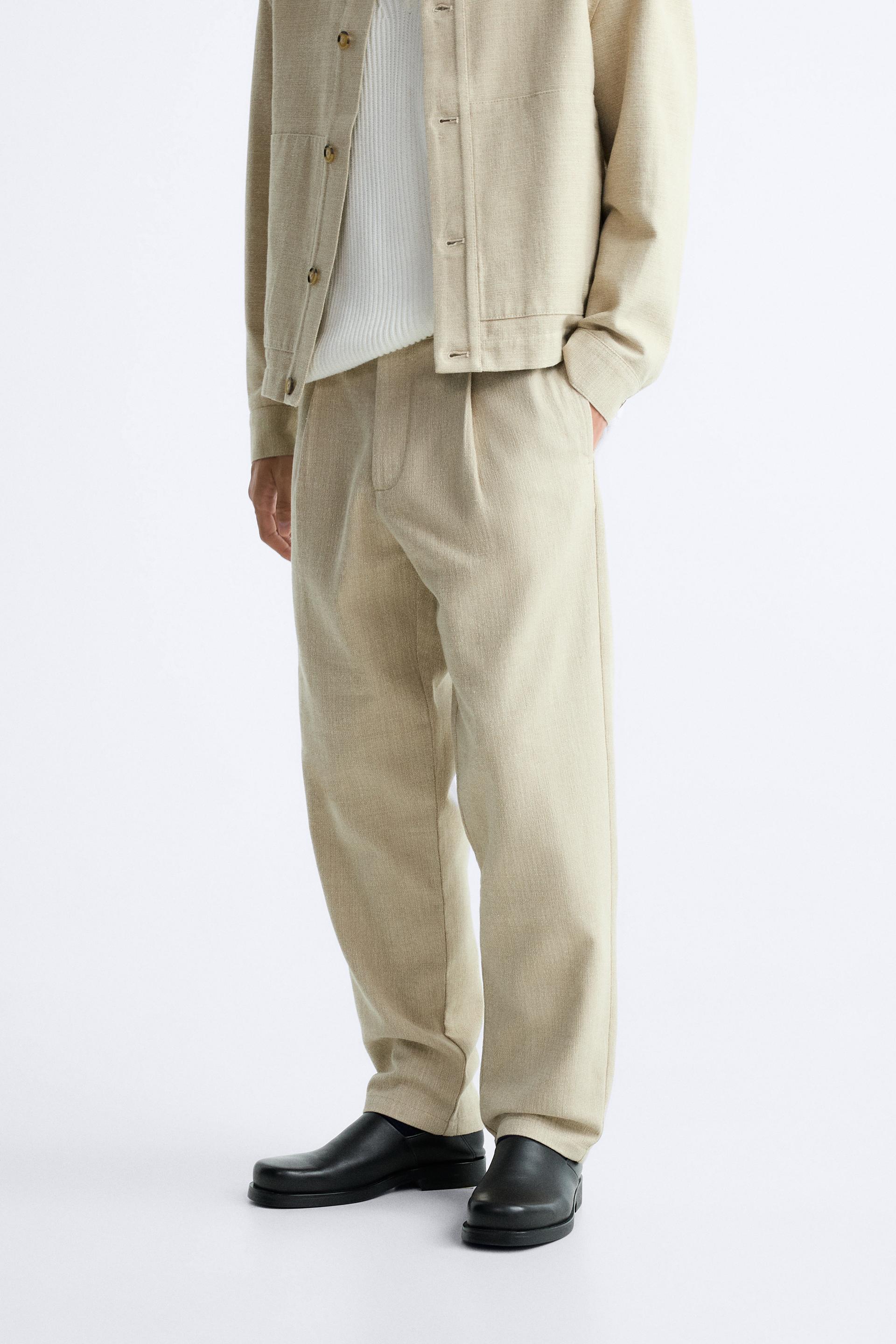 PLEATED RUSTIC TEXTURED PANTS Taupe Brown ZARA United