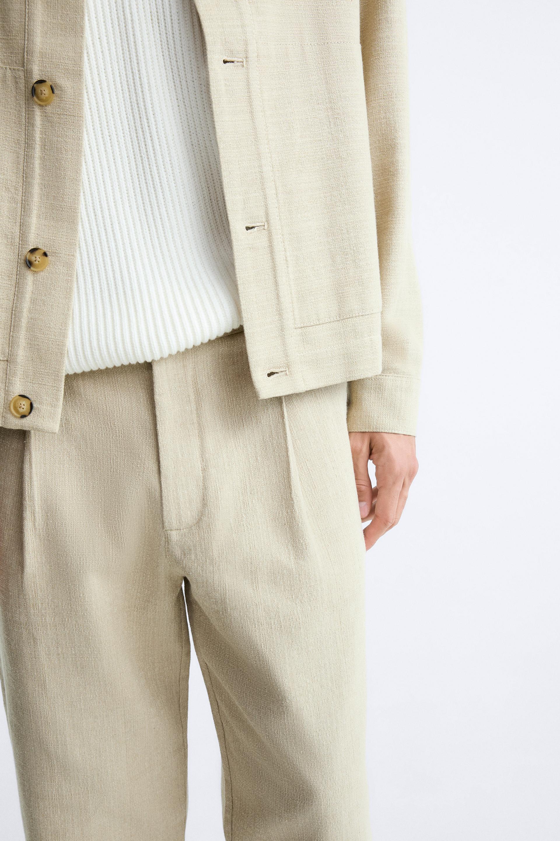 PLEATED RUSTIC TEXTURED PANTS Taupe Brown ZARA United